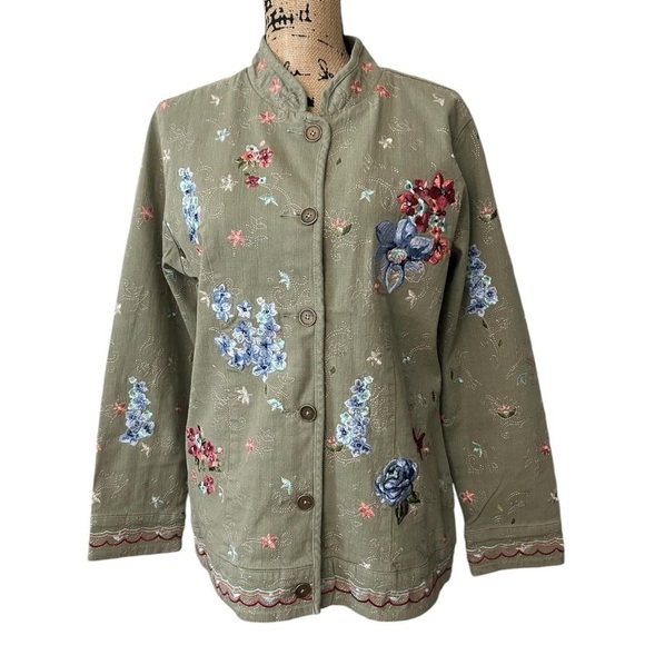 Denim&Co | Jackets & Coats | Denim Co Light Green Denim Embroidered ...